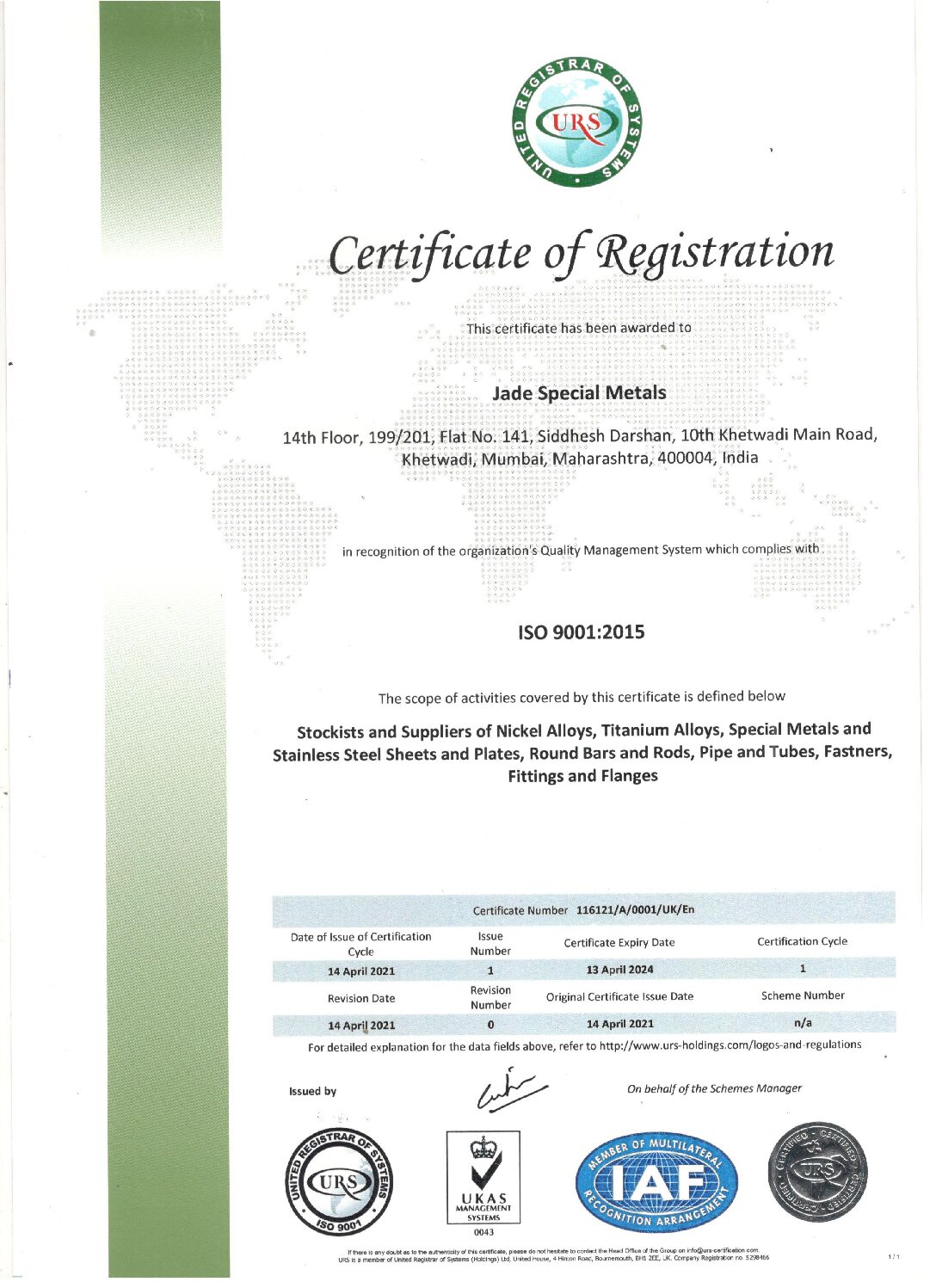ISO Certificate - JADE SPECIAL METALS